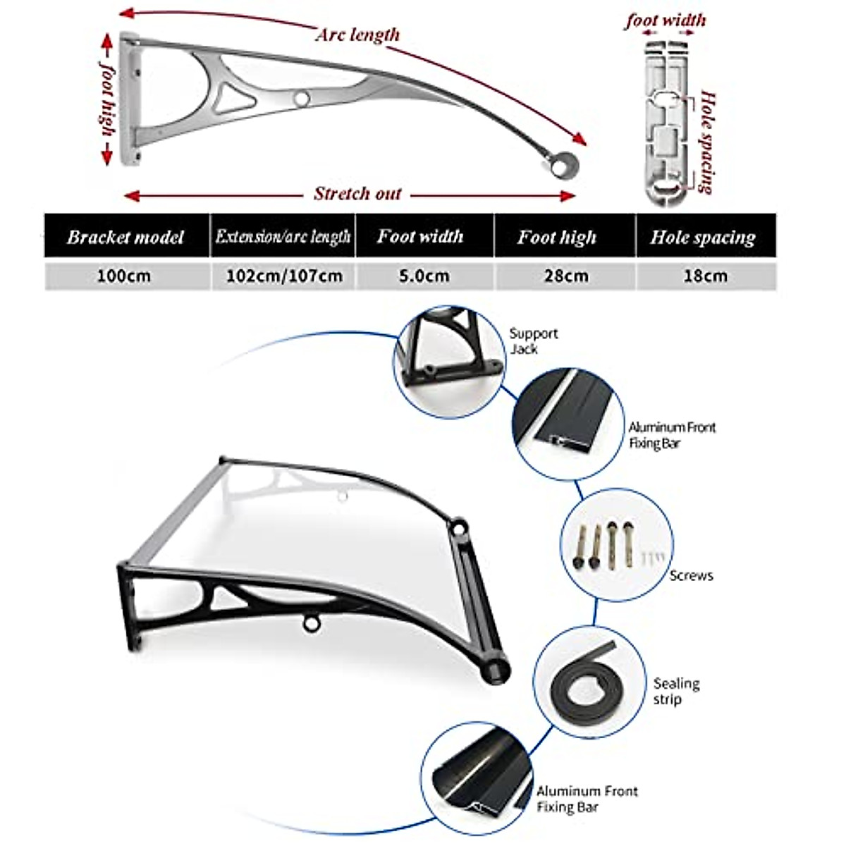 Window Awning Brown with Aluminum Black Bracket Door Canopy Cover Outdoor Front Door Patio Canopy UV Rain Snow Sunlight Protection Solid Sheet(Black 40*80inch)