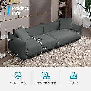 Mjkone Modern Sofa Couch, 89" W Lambswool Couches with Metal Legs, Modular Loveseat Sofa Has Thick Cushion, Mid-Century Sofas for Living Room/Bedroom/Small Spaces/Office(Dark Grey)