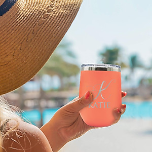 My Personal Memories Custom Engraved Insulated Stemless Wine Tumbler Cup - Personalized Bridesmaid Beach Pool Girls Fun - Monogrammed (Coral)