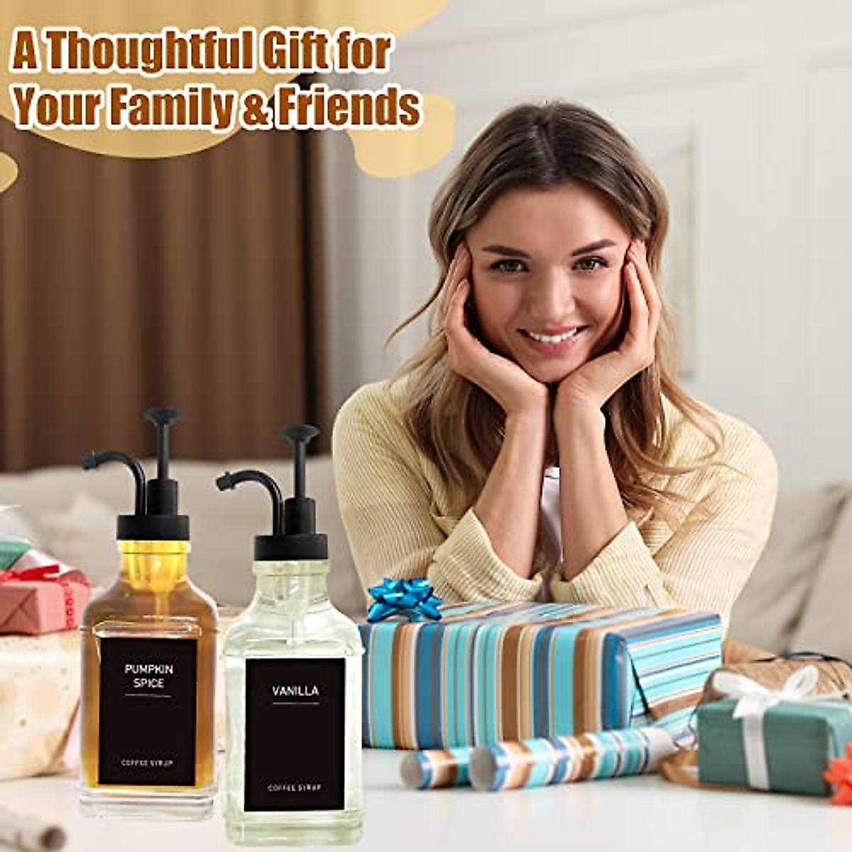 Odaverso 2 Pack 16.9OZ Square Coffee Syrup Dispenser for Bar with Labels & Black Matte Pump, Bottles Home Bar, BPA Free Durable Transparent Glass (ZFX-TJP-BLK)