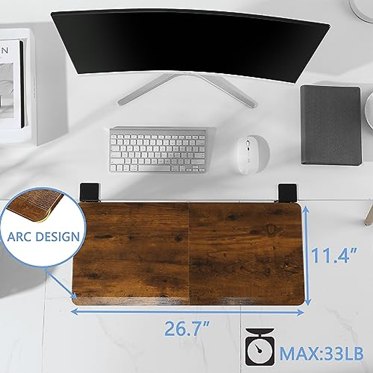 ETHU Ergonomics Desk Extender Tray, 26.7"x11.4" Large Size Foldable Keyboard Drawer Tray Clamp On, Armrest Support for Home and Office (Wood)