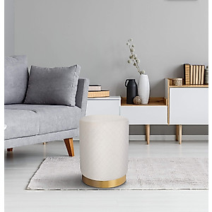 BIRDROCK HOME Round Cream Velvet Ottoman Foot Stool with Lattice Design – Soft Compact Padded Stool – Gold Trim - Great for The Living Room or Bedroom – Decorative Furniture – Foot Rest