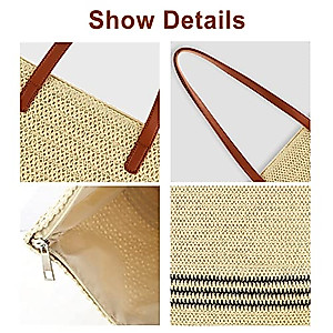 QTKJ Beach Bag for Women, Summer Straw Bag, Hand-woven Tote Bag, Striped Leather Shoulder Strap Rattan Handbag, Large Shoulder Bag Suitable for Vacation Travel Daily (Khaki)
