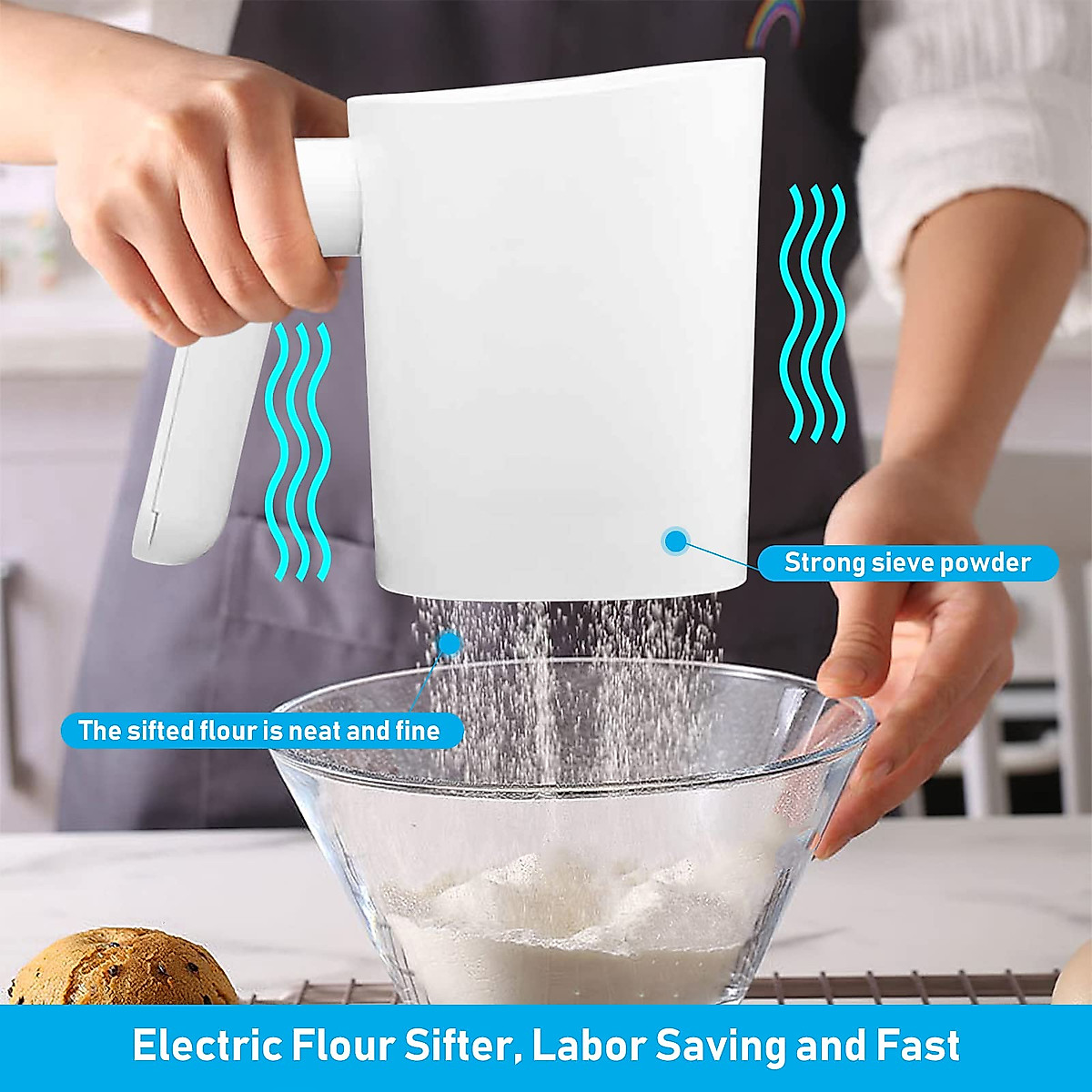 Electric Flour Sifter, Battery Operated Flour Sieve for Baking, Handheld Cooking Baking Tool for Cooking, Pastry Baking Kitchen Utensil DIY