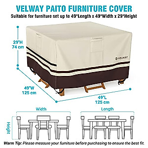 Velway Patio Furniture Covers Waterproof Outdoor Square Table and Chair Set Cover with Seam Taped, 49"Lx49"Wx29"H Tear-Resistant Windproof Cover with Air Vents & Adjustable Fasteners, Beige/Brown