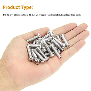 Powlankou 30 Pieces 1/4-20 x 1" Hex Button Head Socket Cap Bolts, Stainless Steel 18-8 (304), Full Thread