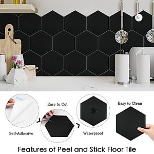 Peel and Stick Floor Tile, 0.027 Inch Thick, Vinyl Flooring, Hexagon Tiles, Easy Cut and Install, Thin and Durable, Waterproof Floor Tile DIY for Bathroom, Solid Black (Covered 3.7 Sq.Ft /10 Pcs)