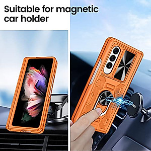 VEGO for Samsung Galaxy Z Fold 3 Case with Stand, Slide Camera Cover & Screen Protector & 360°Ring Magnetic Kickstand Military Grade Heavy Duty Protective Case for Galaxy Z Fold 3- Orange