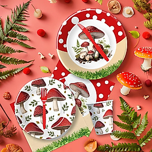 APOWBLS Mushroom Party Decorations Tableware, Mushroom Birthday Party Supplies, Paper Plate, Cup, Napkin, Disposable Cutlery, Tablecloth, Straws, Mushroom Baby Shower Decorations Dinnerware | Serve 24