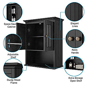 Treocho Wood Wall Cabinet Bathroom Medicine Cabinet Storage with Doors and Adjustable Shelf Wall Mount for Bathroom, Livingroom, Kitchen, Cupboard, Black