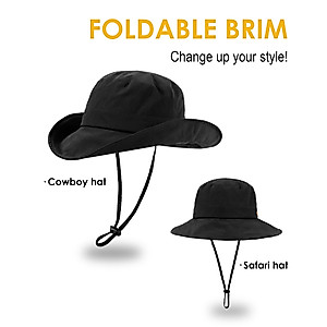 Waterproof Bucket Hats for Women Men Foldable Brim UPF 50+ Floppy Cowboy Rain Hat UV Protection Boonie Sun Hats for Hiking Black