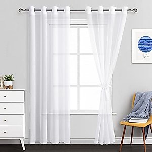 JIUZHEN White Sheer Curtains 84 Inches Long - Grommet Semi Transparent Light Filtering Window Drapes for Bedroom Living Room, 52Wx 84L, Set of 2 with Tiebacks