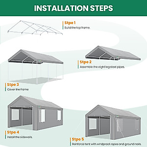 COBIZI Carports 10x20 Heavy Duty Car Canopy Garage with Roll-Up Ventilation Windows & Doors, Removable Sidewalls Portable Carport Canopy Waterproof with Built-in Sandbags for Cars, Boats, Trucks, Gray