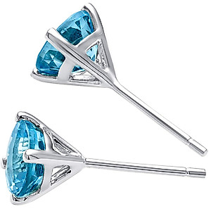 Peora Solid 14K White Gold Swiss Blue Topaz Stud Earrings for Women, Genuine Gemstone Birthstone Solitaire Round Shape, 6mm, 2 Carats total, Friction Back
