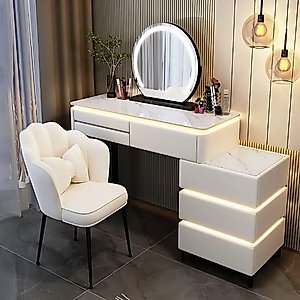 VELLE Vanity, Makeup Vanity with Cabinets and Ambient Light, Vanity Desk Set includes Smart HD Lighted Mirror and Vanity Chairs, Solid Wood Frame Vanity for Bedroom (31.5", 6 Drawers)