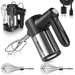 Rechargeable Cordless Hand Mixer Electric - 7 Speed Electric Handheld Mixer with Storage Base, Digital Screen, 4 Stainless Steel Accessories for Easy Whipping, Mixing Batters, Dough, Cookies, Cakes
