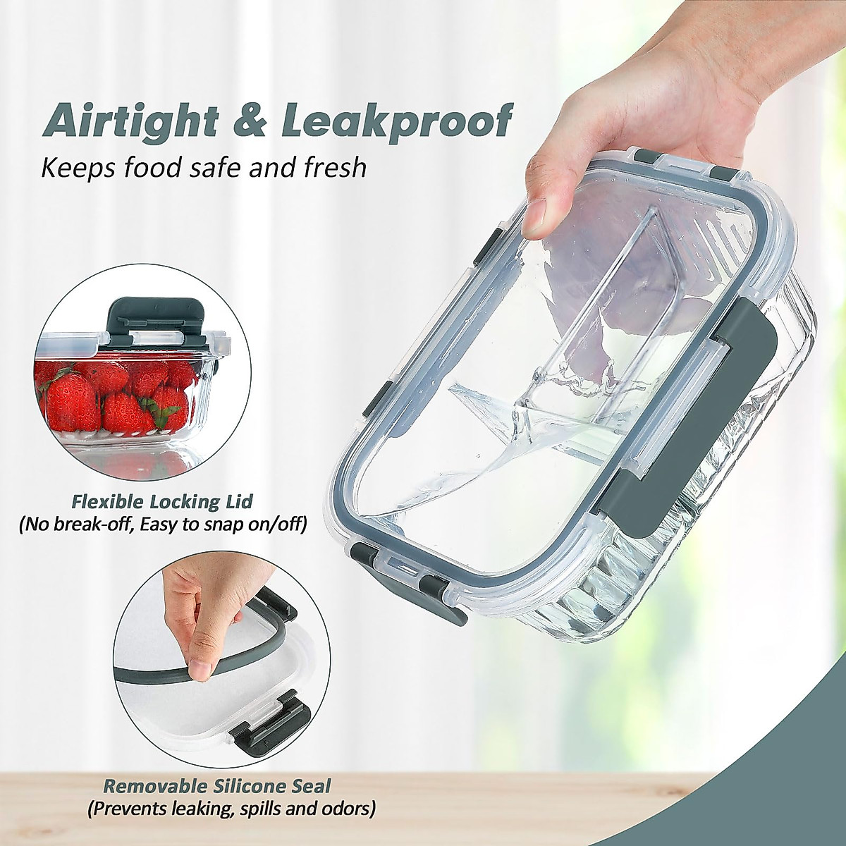 KOMUEE Glass Meal Prep Containers 3 Compartment with lids, 5 Pack 36 oz, Airtight Food Storage Glass Lunch Bento Box, Dishwasher and Microwave Safe,Gray