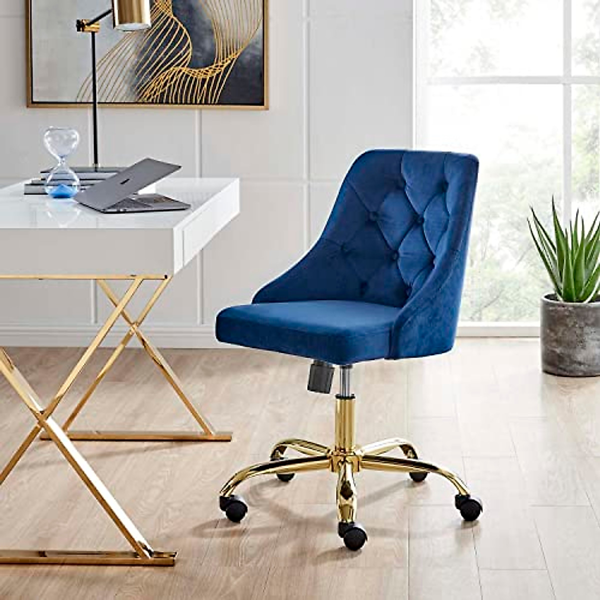 Modway Distinct Tufted Swivel Performance Velvet Office Chair, Gold Navy