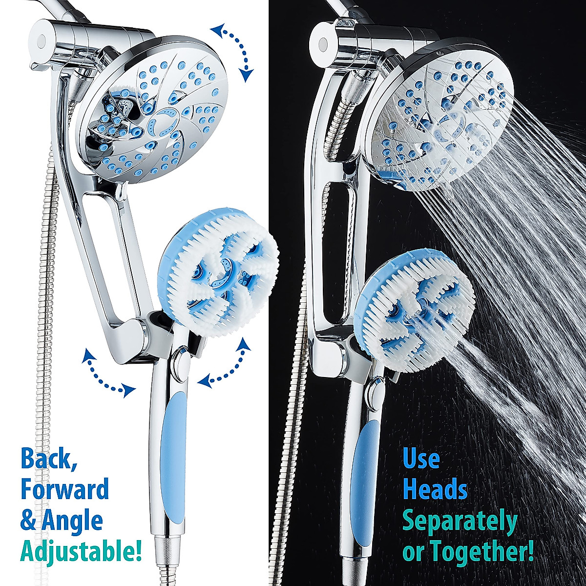High Pressure 6-in-1 Aquassage by AquaCare - 76-mode 3-way Combo, Showerhead, Hand Shower, Body Brush, Hair Brush & Arm in One! Two Brackets, Extra-long 6 foot Stainless Steel Hose, Brush Head Holder