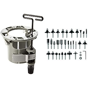 Bosch Under-Table Router Base with Above-Table Hex Key RA1165, Silver&BOSCH 30 pc. Carbide-Tipped Wood Router Bit Set