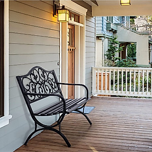 PHI VILLA 50-Inch Cast Iron Steel Frame Garden Bench Outdoor Patio Bench Chair w/Floral Design Backrest, Slatted Seat for Park, Yard & Porch, Black