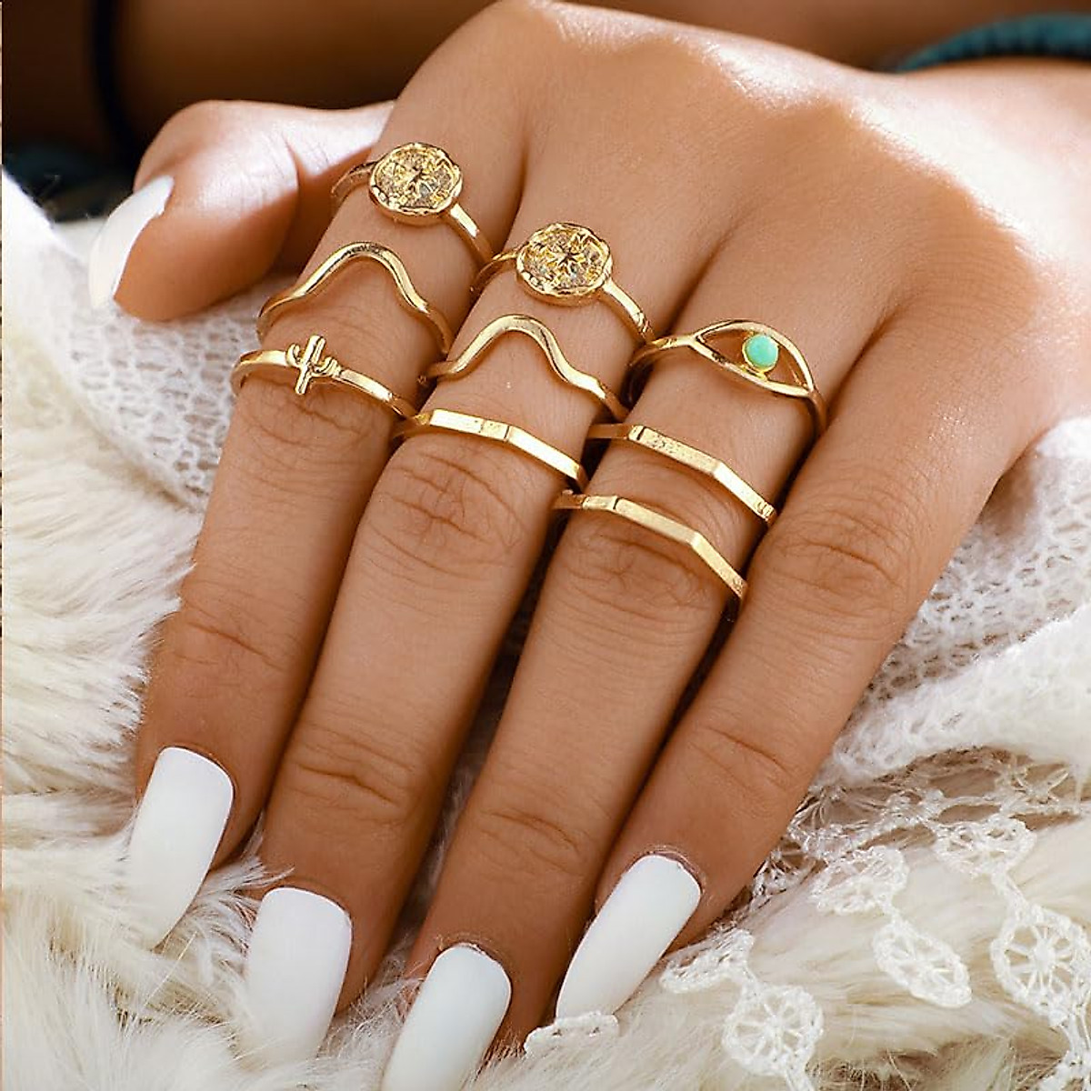 TWINKLEDE 19Pcs Finger Rings Silver Stackable Rings Statement Knuckle Ring Set Moon Star Wave Joint Accessories for Women
