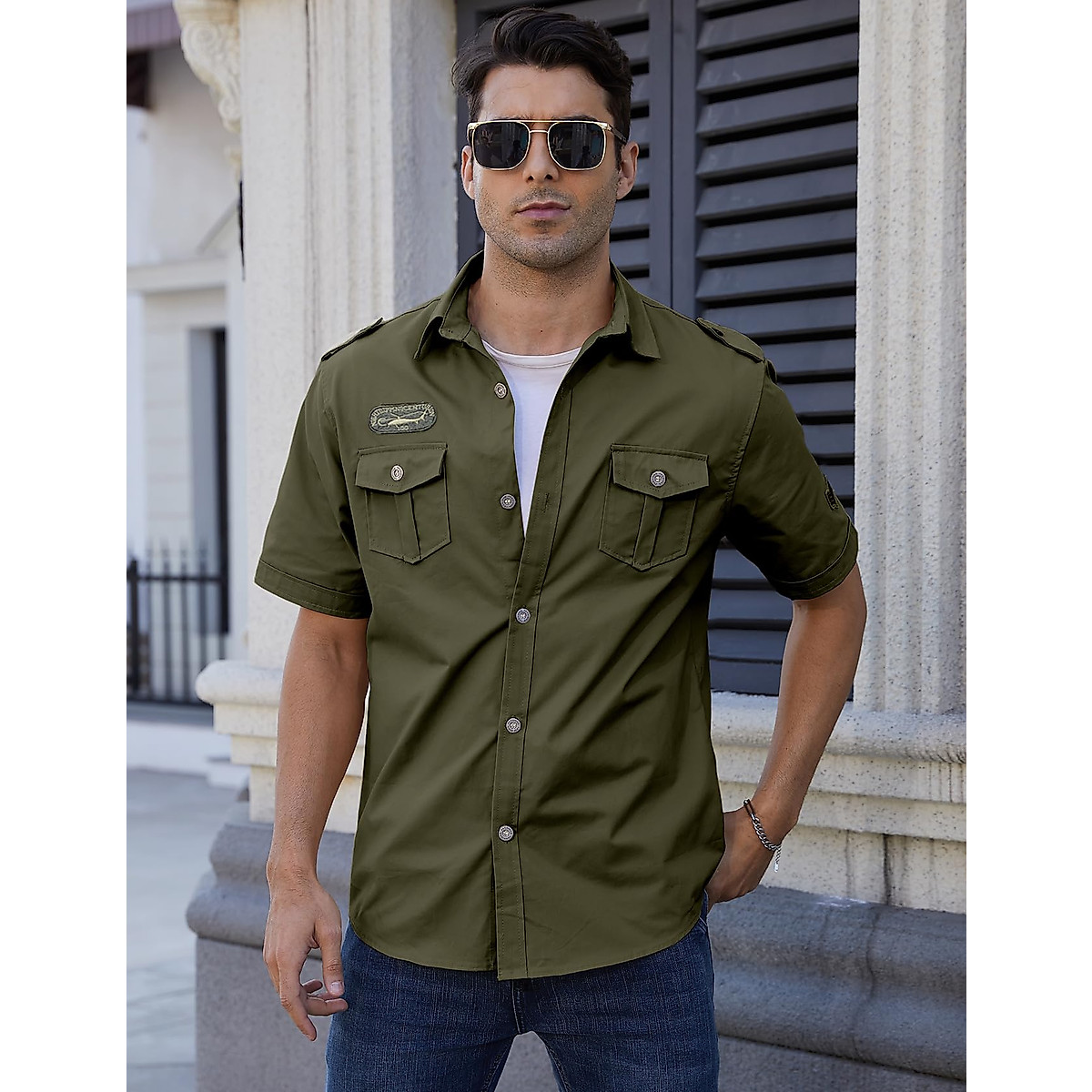Gihuo Men Shirt Short Sleeve Military Button Down Army Tactical Shirt Utility Cargo Work Uniform Shirt Tops (Medium, Army Green)