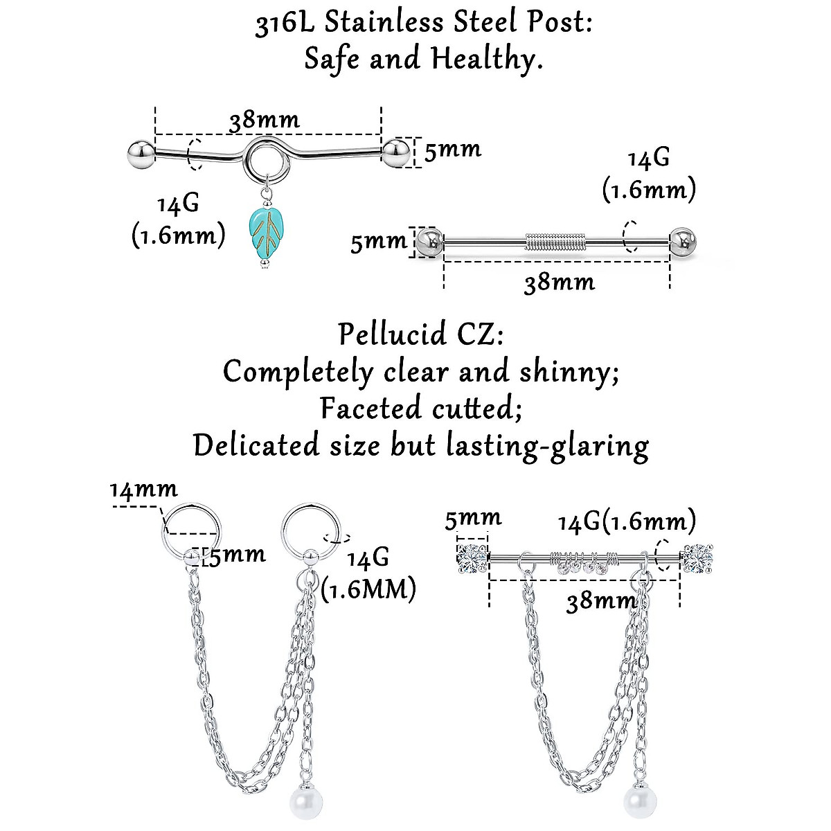 Goerhsjie Industrial Piercing Jewelry 14g Industrial Chain Earrings for Women 14 Gauge Long Industrial Bar Piercing Cute Silver Surgical Steel Industrial Barbell