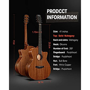 Donner Acoustic Guitar Beginner Full Size 41 Inch Soild Mahogany Top Cutaway Grand Auditorium Adult Starter Bundle Kit with Gig Bag Strap Tuner Capo Pickguard String 4 Picks Cloth Right Hand BLACK