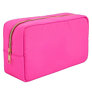 Nylon Makeup Bag Large Makeup Zipper Pouch Preppy Pencil Case for Women Travel Cosmetic Toiletry Bag Skin Care Bag 9.84 * 5.51 * 3.15in (Hot Pink)