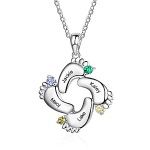 Ashleymade Customized Name Necklace with Baby Feet Pendant Mom necklace with kids names with Simulated Birthstones Necklace for Women (4 names)