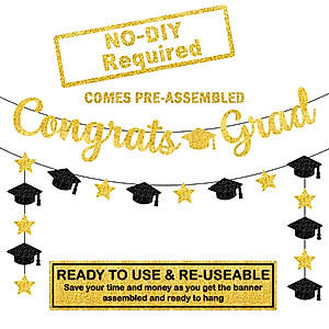 KatchOn, Glitter Gold and Black Congrats Grad Banner - 10 Feet | Gold and Black Graduation Banner, Cap Garland for Graduation Decorations Class of 2024 | Gold and Black Graduation Decorations 2024