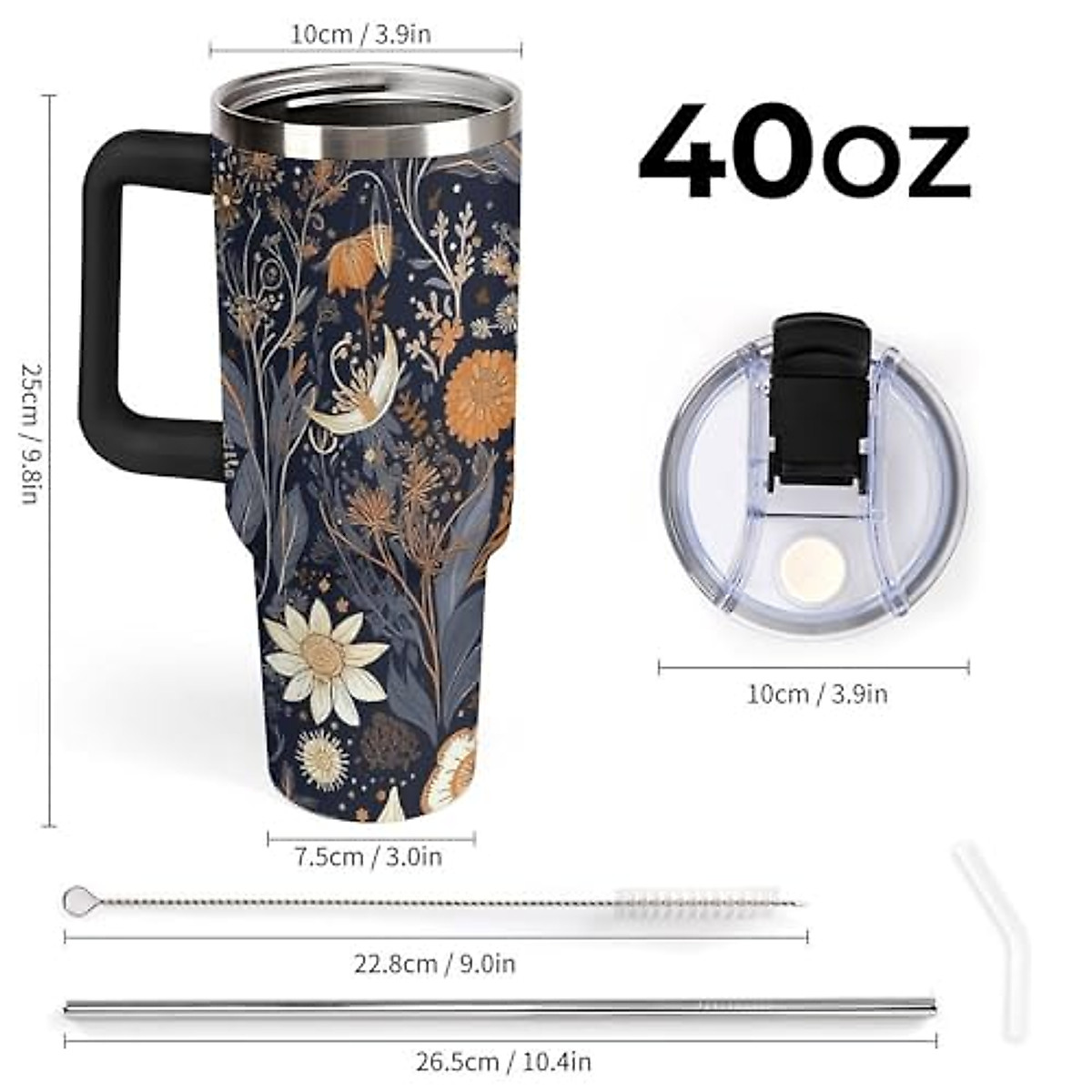 YTLKGFP 40 Oz Large Capacity Car Cup Decorated with Stars Tumbler with Handle (Black) Straw Lid Insulated Stainless Steel Water Bottle Travel Mug Leak-proof Car Cup Keeps Cold Or Hot