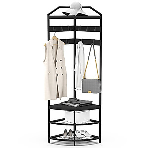 GiftGo Modern Black Entryway Corner Hall Tree with Shoe Bench Entryway Coat Rack with 10 Metal Movable Hooks Wooden Clothes Rack Shoes Shelf Organizer for Home Office Bedroom (Black)
