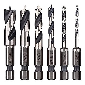 Wolfride 6PCS Brad Point Drill Bits 1/4-Inch Hex Shank Stubby Drill Bit Set for Wood