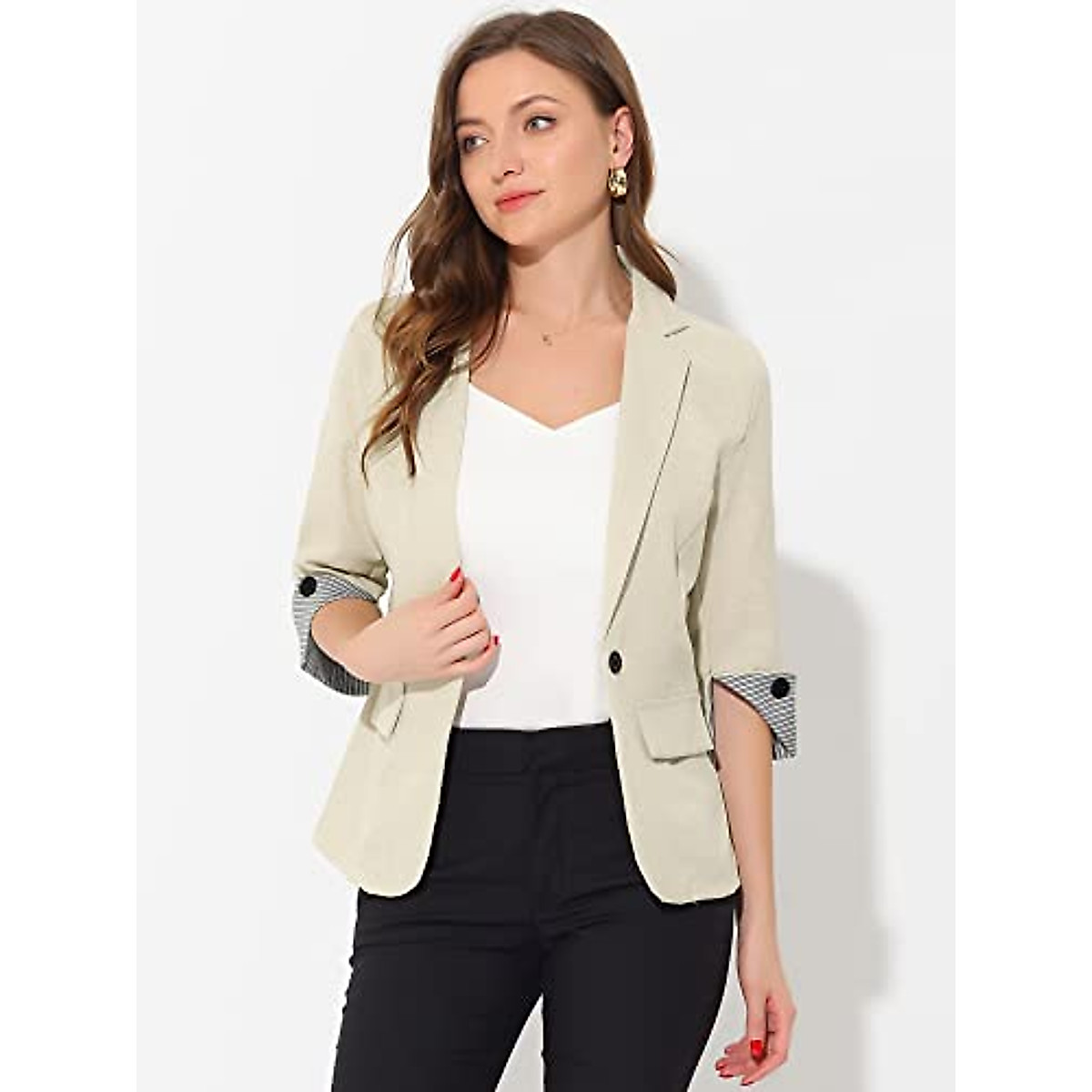 Allegra K Women's Suit Jacket Notched Lapel Collar 3/4 Sleeve Button Front Work Formal Blazer X-Small Beige