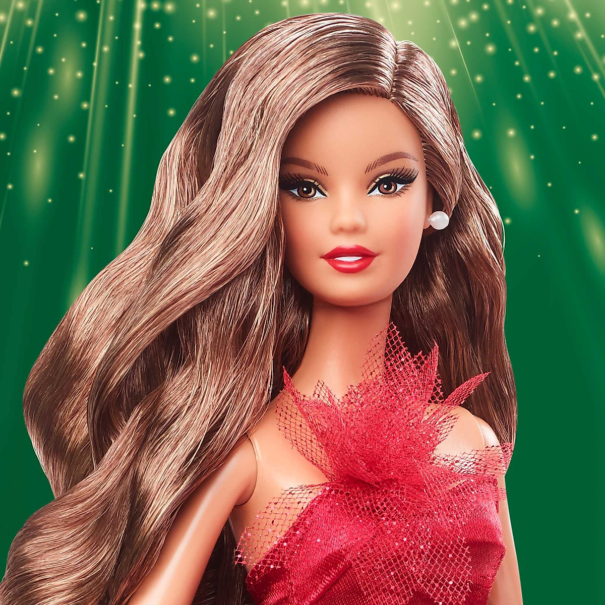Barbie Signature 2022 Holiday Doll, Light-Brown Wavy Hair Wearing Red Poinsettia-Inspired Gown, Collectible with Doll Stand & Certificate of Authenticity