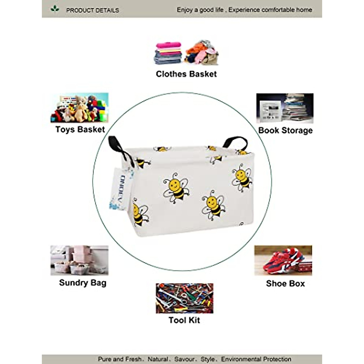 ONOEV Rectangular Folding Laundry Basket, waterproof Canvas Basket,gift basket,Suitable for children's room,Office,Clothes,Toys Storage（Bee）