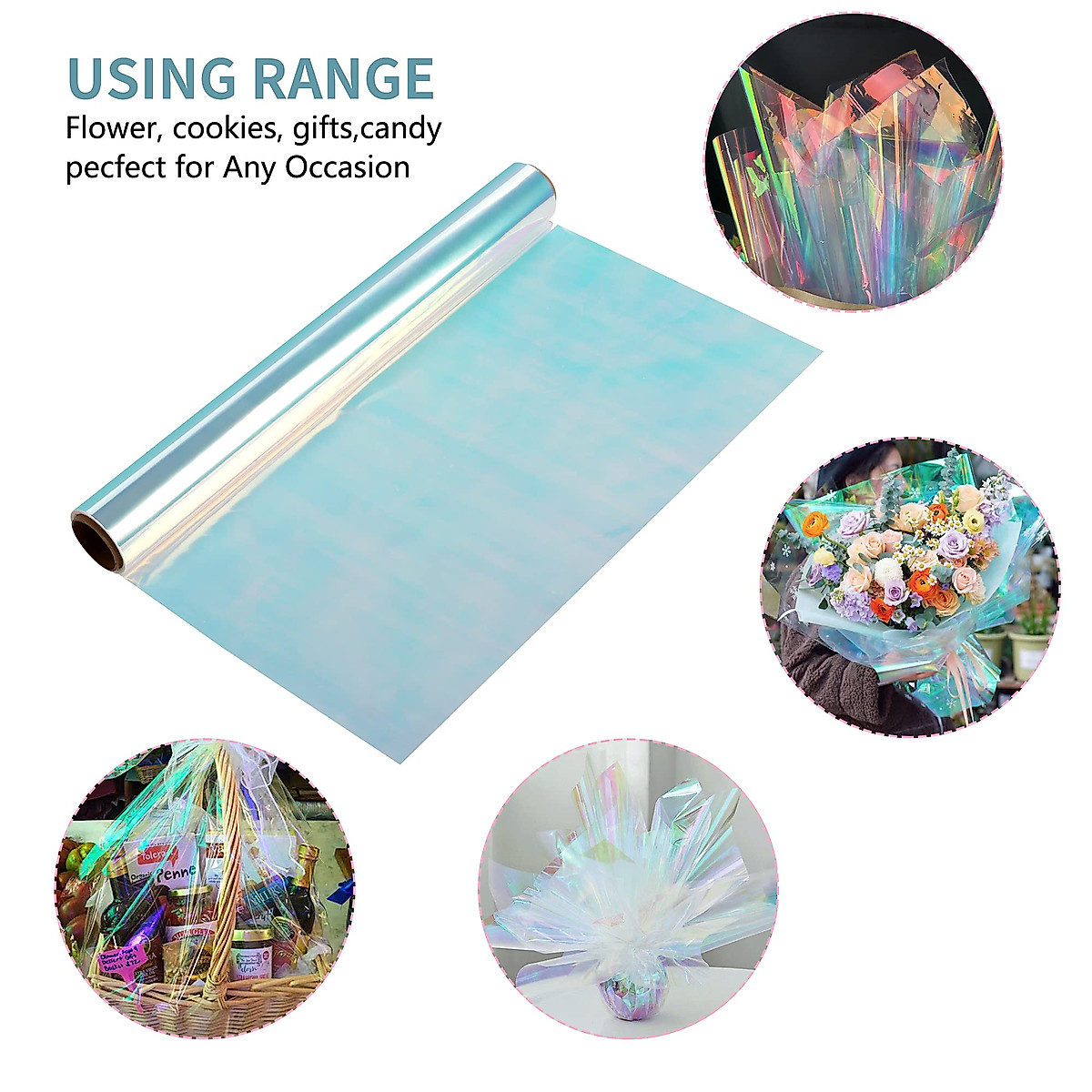 Giiffu Iridescent Film Cellophane Wrap Roll 34 In Wide X 50 Ft Long Gift Wrapping Paper Roll for Basket, Gifts, Flower, Candy, Treats, Birthday Holiday Party DIY Arts Crafts Decoration