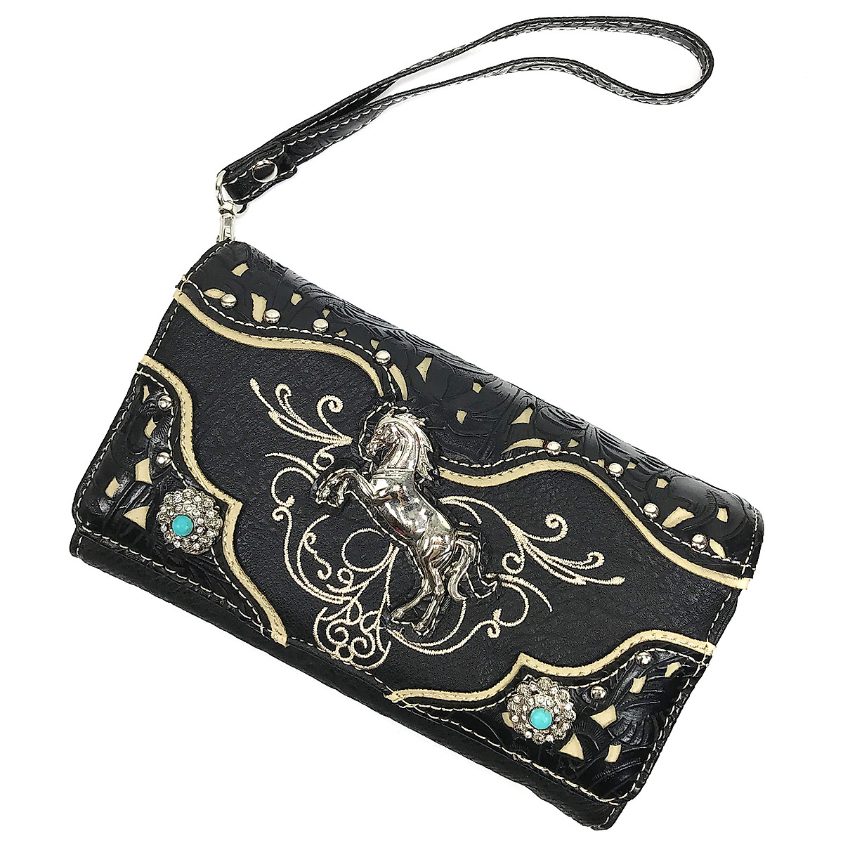 Zelris Western Rearing Horse Embroidered PU Vegan Leather Crossbody Wallet (Tan)