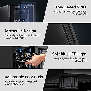 KingChii 12 Bottle Thermoelectric Wine Cooler Refrigerator Advanced Cooling Technology, Stainless Steel & Tempered Glass For Red Wine, Champagne for Home, Kitchen