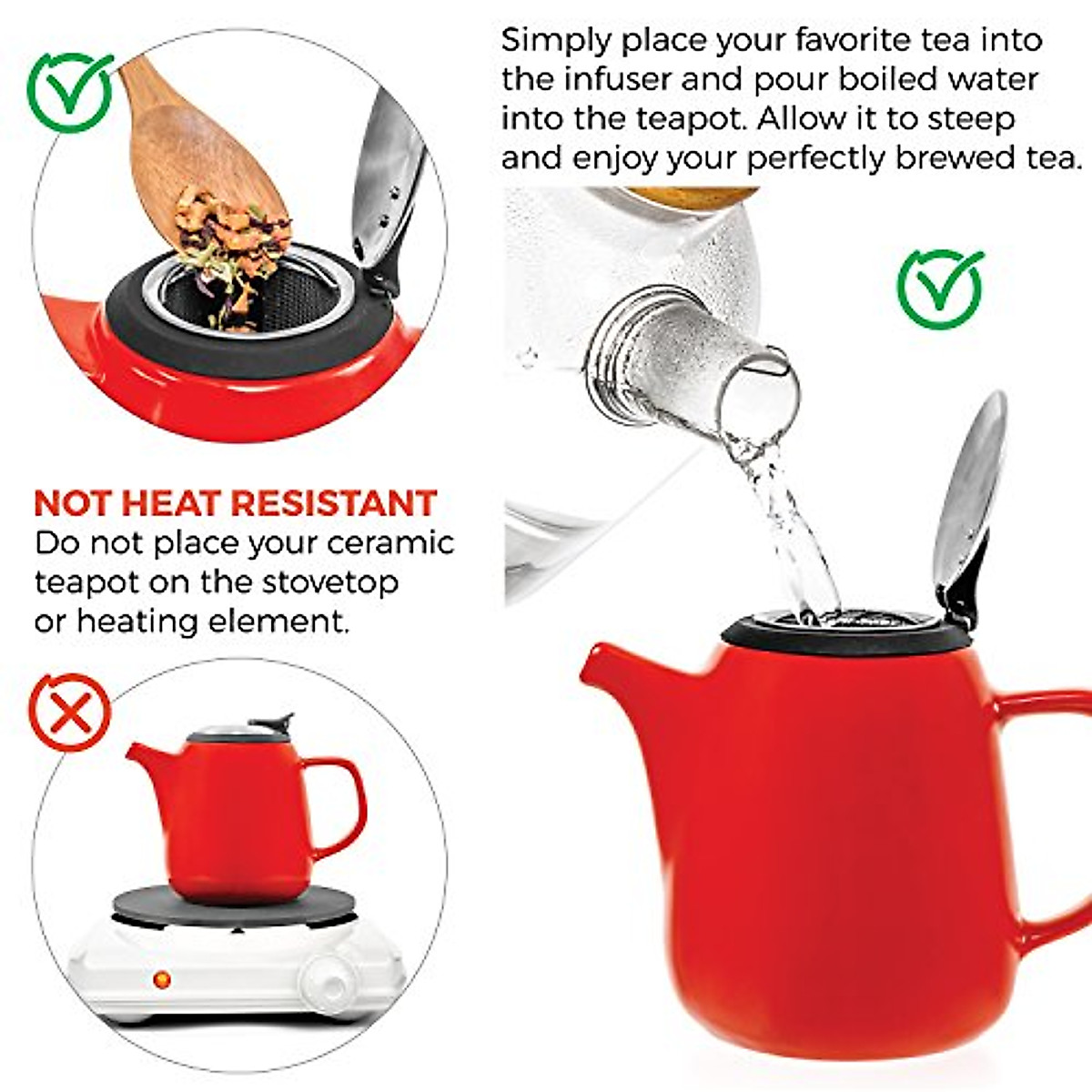 Tealyra - Daze Ceramic Teapot in Red - 27-ounce (2-3 cups) - Small Stylish Ceramic Teapot with Stainless Steel Lid and Extra-Fine Infuser To Brew Loose Leaf Tea
