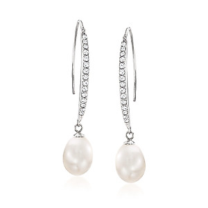 Ross-Simons 8x10mm Cultured Pearl and .38 ct. t.w. CZ Drop Earrings in Sterling Silver
