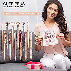 12 Pcs Rose Gold Pretty Pens Set, Super Cute Liquid Sand Glitter Pen Metal Ballpoint Pens Crystal Diamond Pen Girly Black Ink Gifts for Women Mother Daughter Birthday Wedding Office Supplies (12)