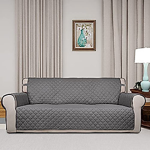 PureFit Reversible Quilted Sofa Cover, Water Resistant Slipcover Furniture Protector, Washable Couch Cover with Non Slip Foam and Elastic Straps for Kids, Pets (Oversized Sofa, Gray/Gray)