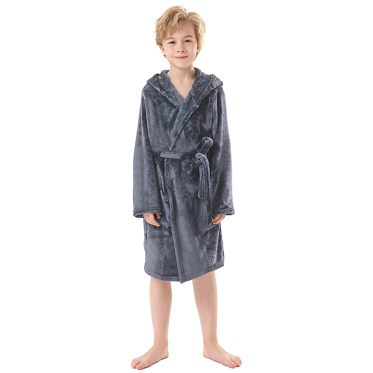 V.&GRIN Boys Fleece Robe, Hooded Toddler Soft Fuzzy Bathrobe for Kids 3-14 Years（Gray 9-10）