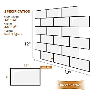 WOWSTAR Thicker Peel and Stick Tiles Backsplash, 12"x12" Subway Tiles, White with Black Grout ( 10-Sheet)