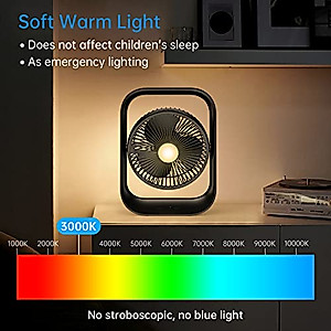 Acekool Battery Operated Fan, Camping Fan with Night Light, 3 Speeds Portable Desk Fan,135°Rotation, Rechargeable Quiet Table Fan for Office, Bedroom, Travel, Camping (Deep Black)