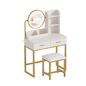 Fameill Makeup Vanity Desk with Lights and Round Mirror, White and Gold Vanity Makeup Table, Small Vanity Set Make Up Vanity with Lots Storage, 3 Lighting Modes, 31.5in(W)… (Modern)