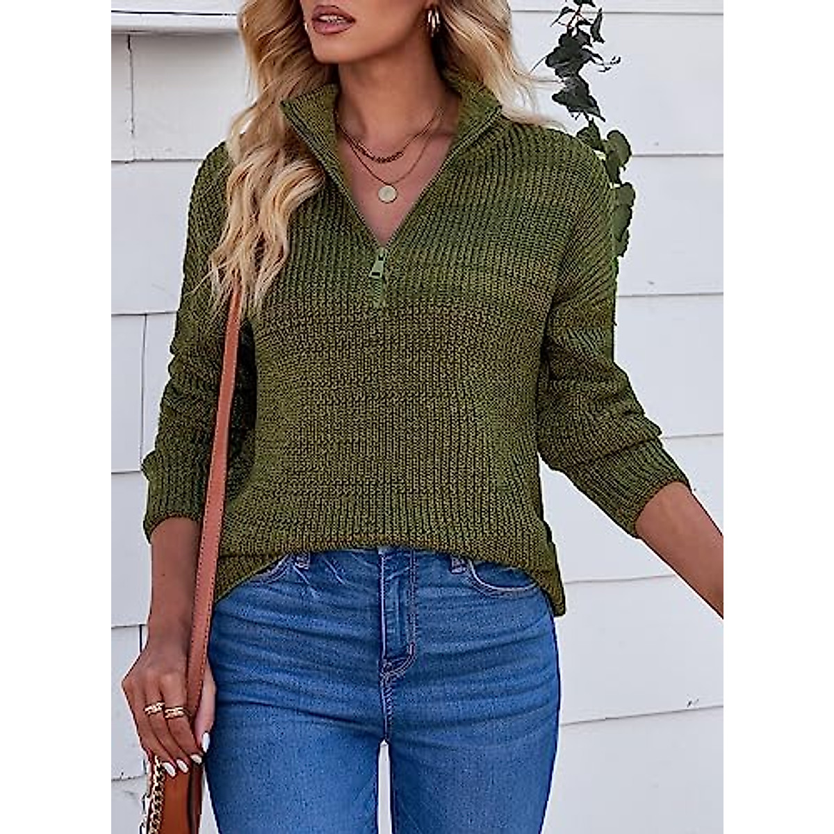 EVALESS Sweaters for Women Waffle Knit Long Sleeve Quarter Zip Pullover for Women Business Casual Fall Fashion Tops Winter Trendy Aestheic Teathcer Clothes V Neck Oversized Green Sweater,Samll Size